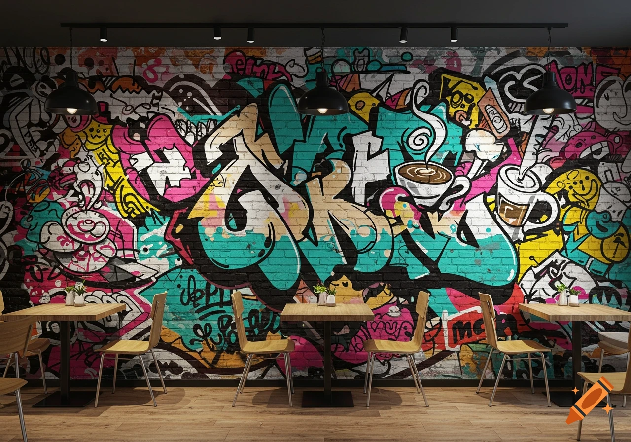 A vibrant cafe interior featuring a brick wall covered in colorful ...