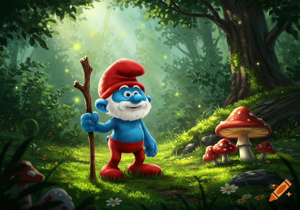 Cartoon illustration of Papa Smurf holding a stick in an enchanted ...