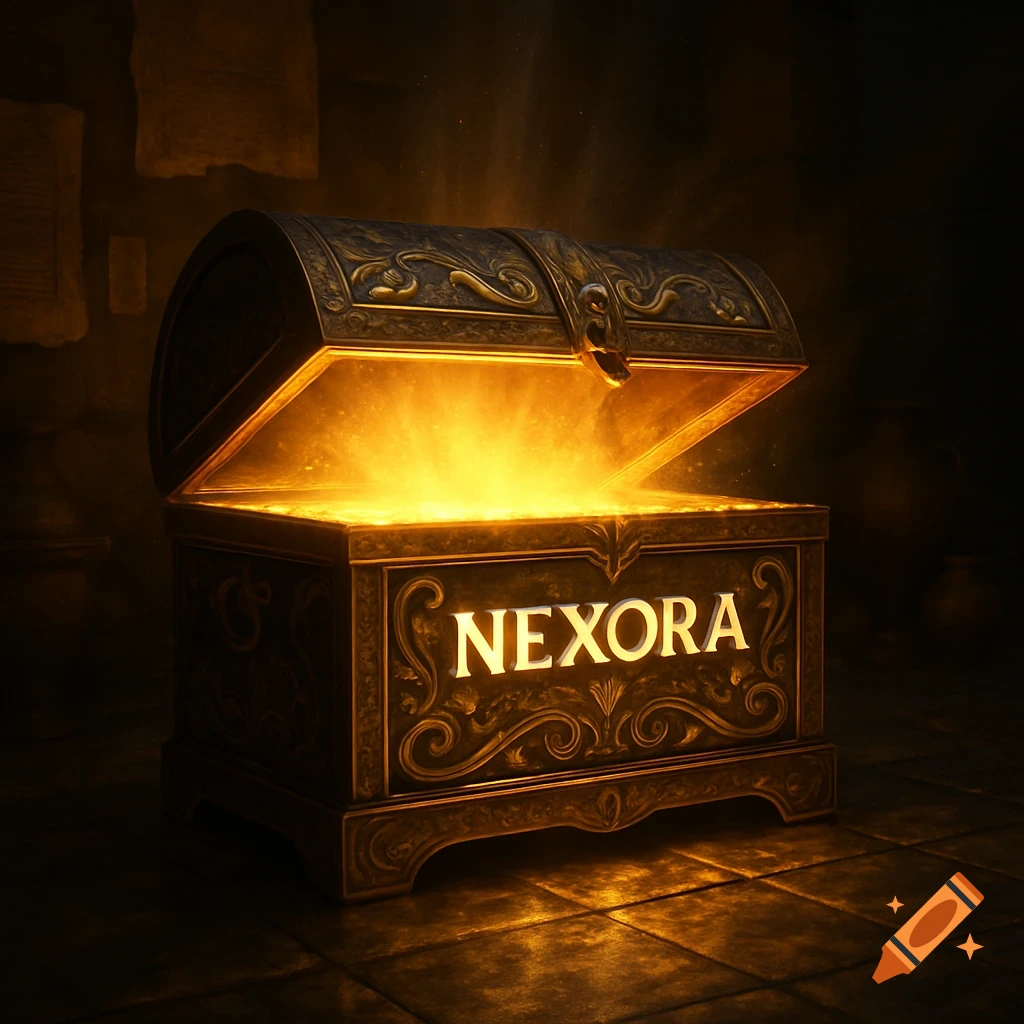 A digital treasure chest with the NEXORA logo is open, emitting a ...