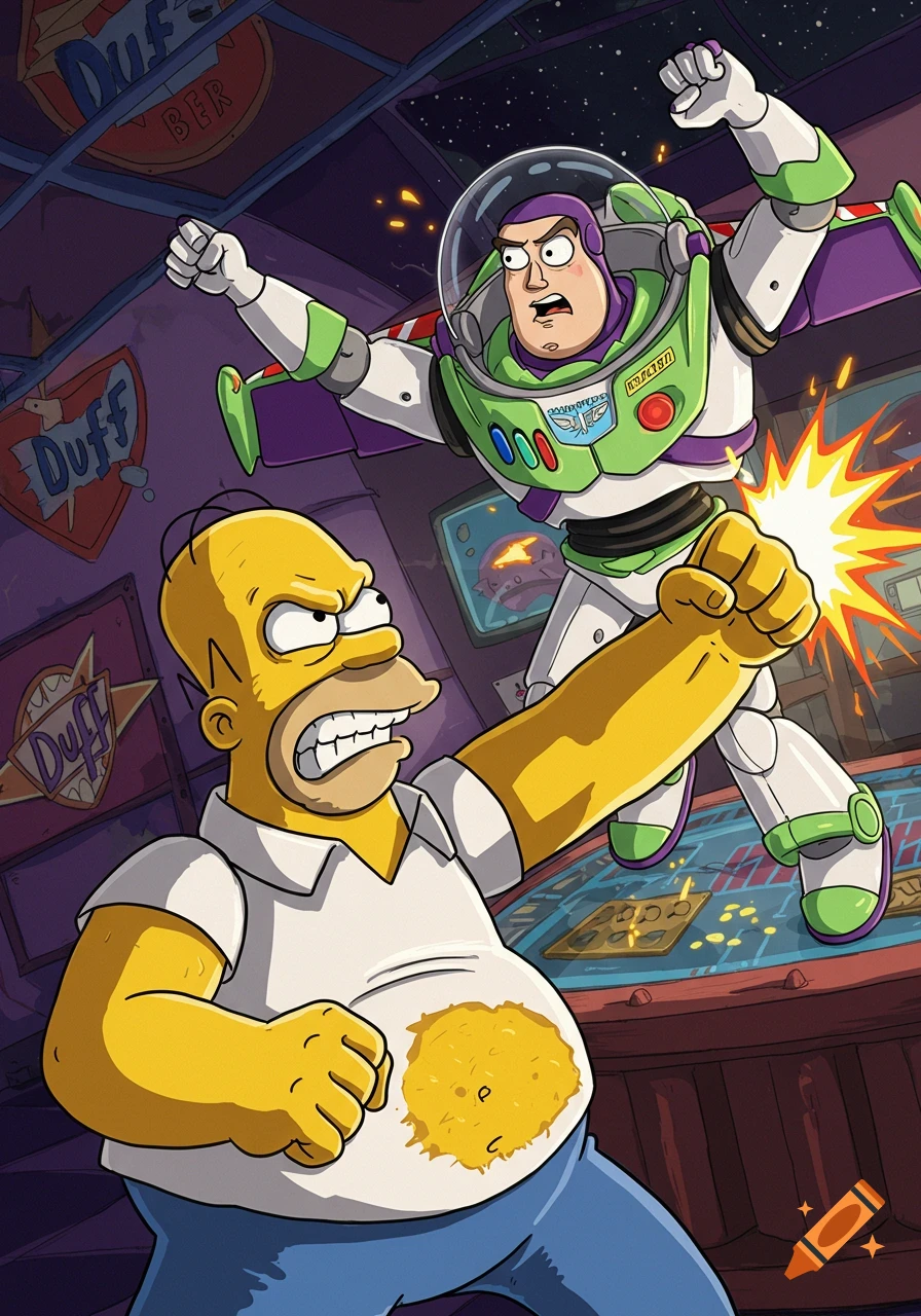 Cartoon Homer Simpson prepares to punch Buzz Lightyear in a bar setting, with a yellow stain on ...