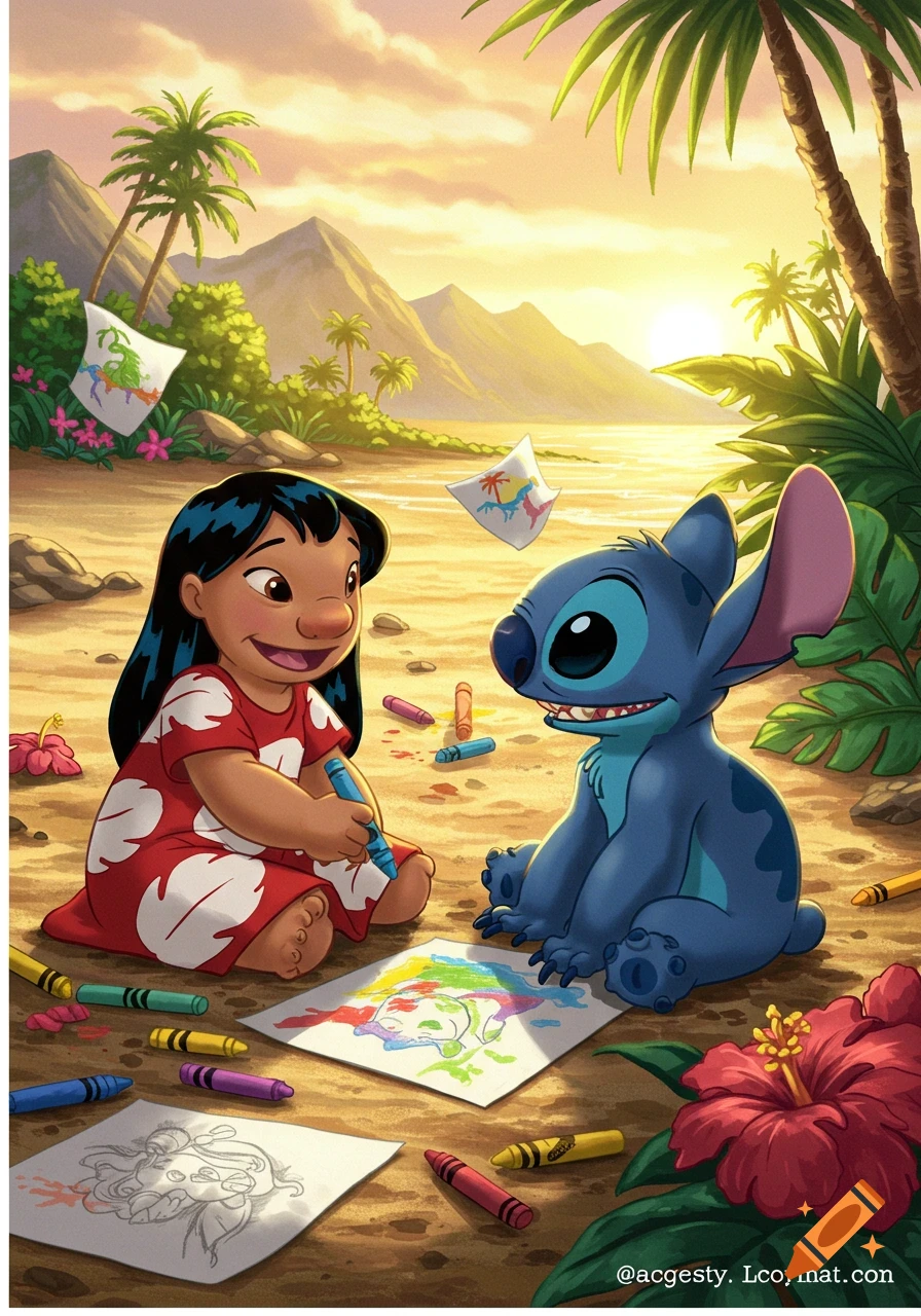 Lilo and Stitch coloring on a sandy beach with palm trees and a sunset ...