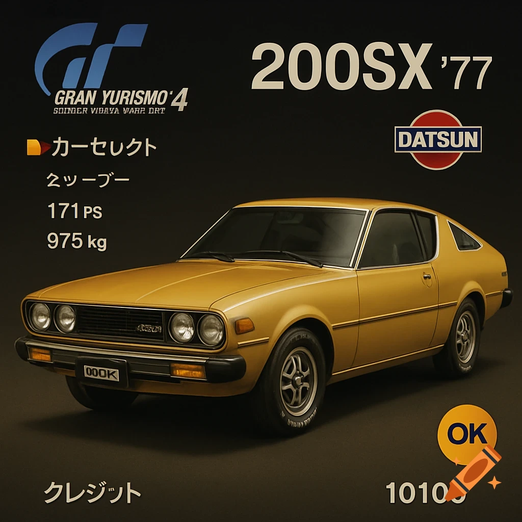 A stylized Gran Turismo 4 video game menu screen shows a mustard yellow ...