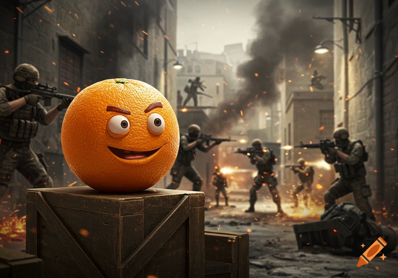 A smiling Annoying Orange character sits on a wooden crate amidst ...