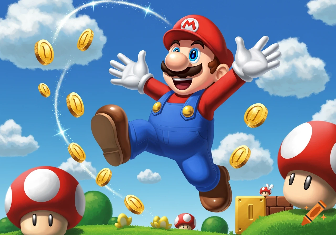 Cartoon illustration of Mario jumping with gold coins, surrounded by ...
