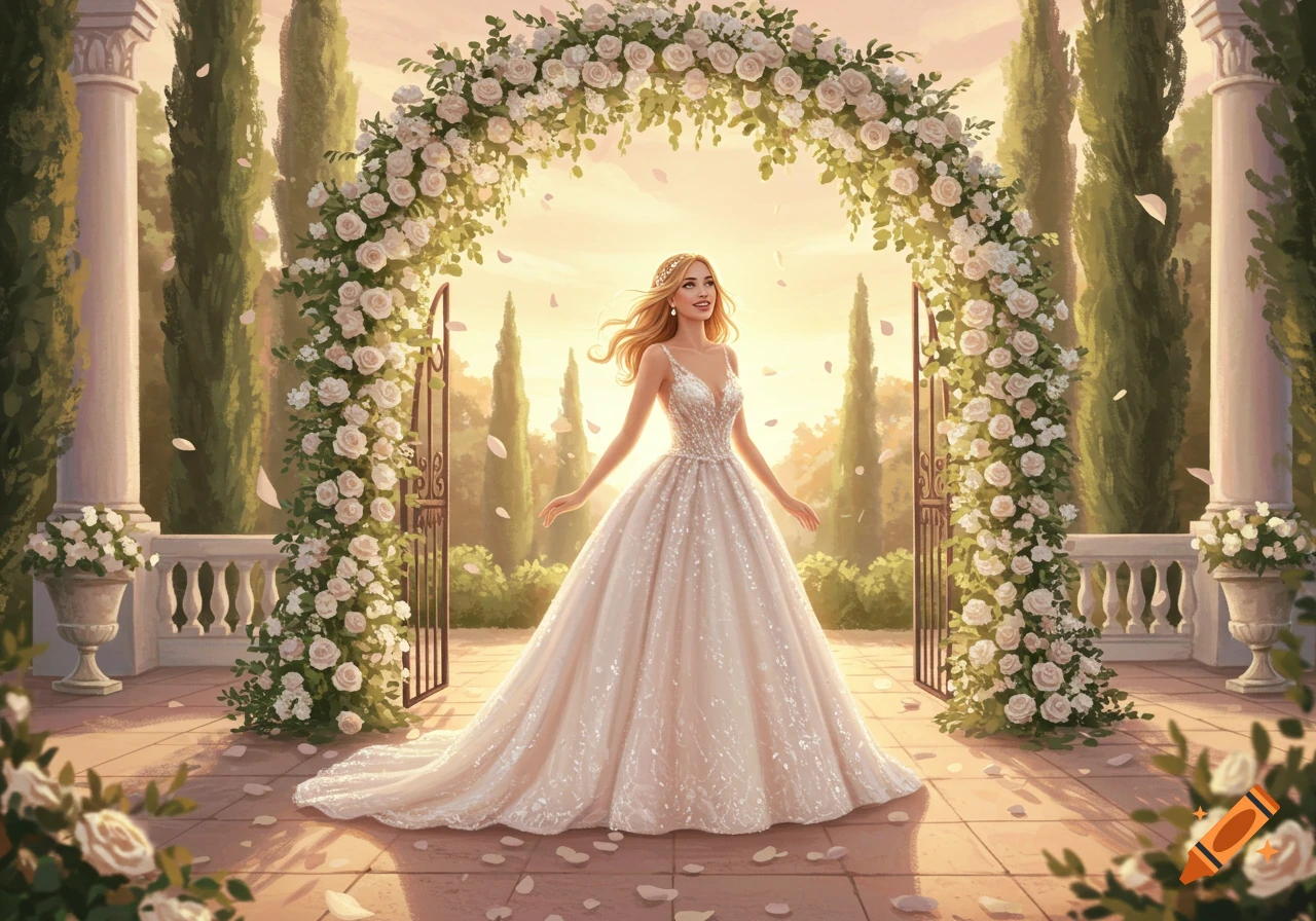 A woman in a white wedding dress with a long braided ponytail adorned ...