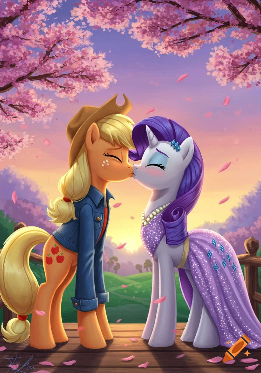 Applejack and Rarity, two cartoon ponies, kiss under pink cherry ...