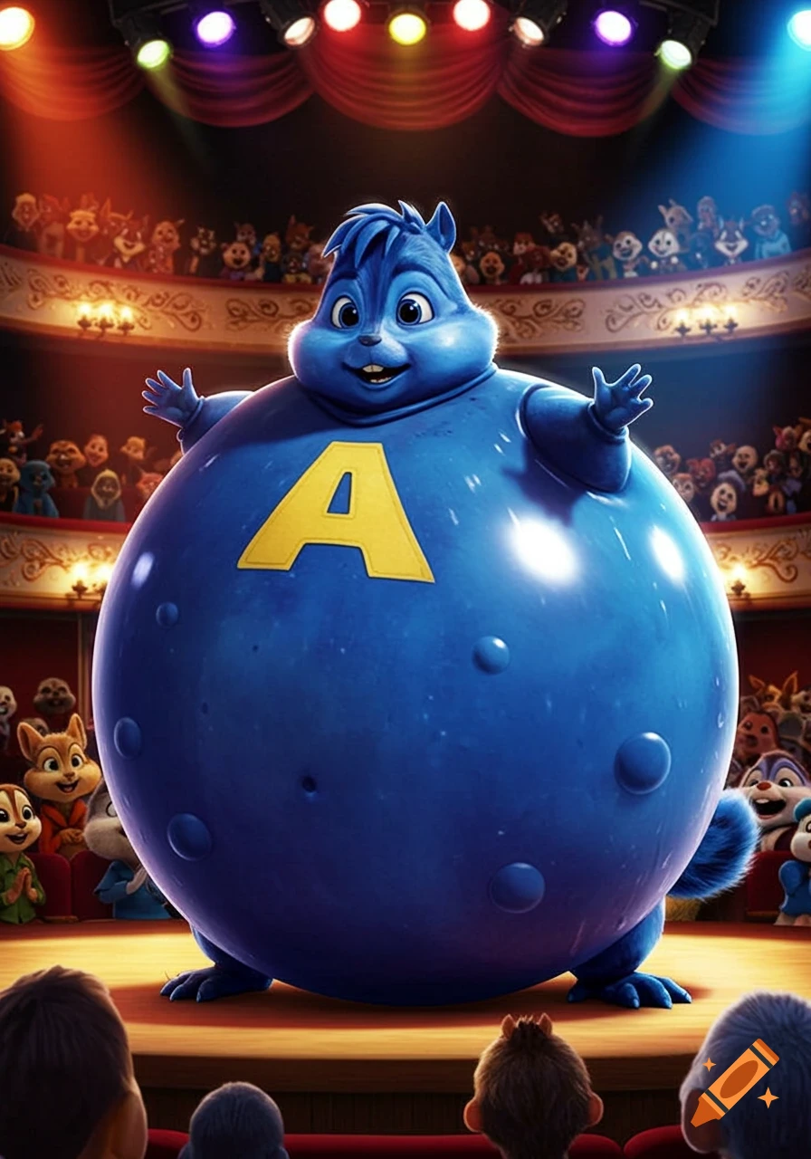 A blue, inflated Alvin the Chipmunk stands on a brightly lit stage in ...