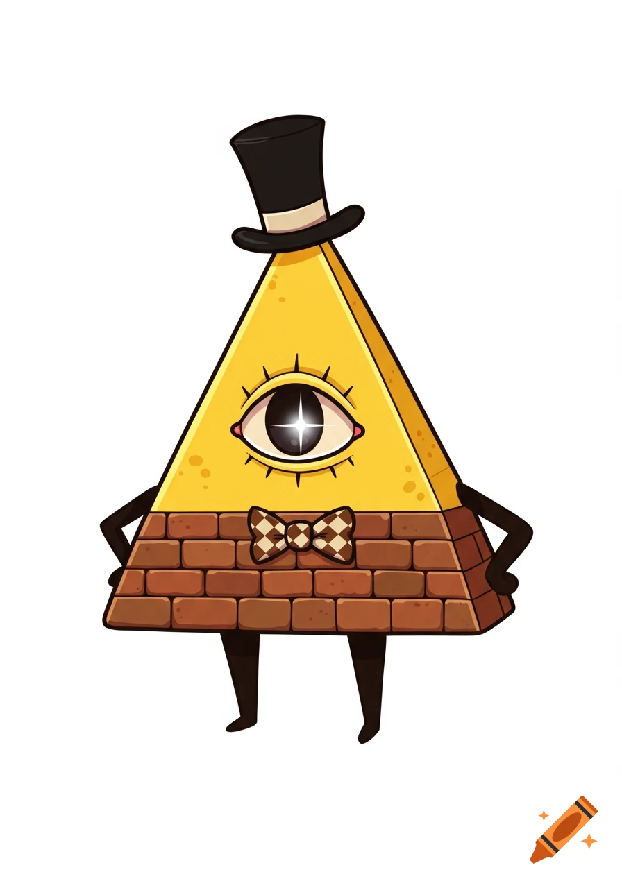 A cartoon yellow triangle character with a top hat, checkered bow tie ...