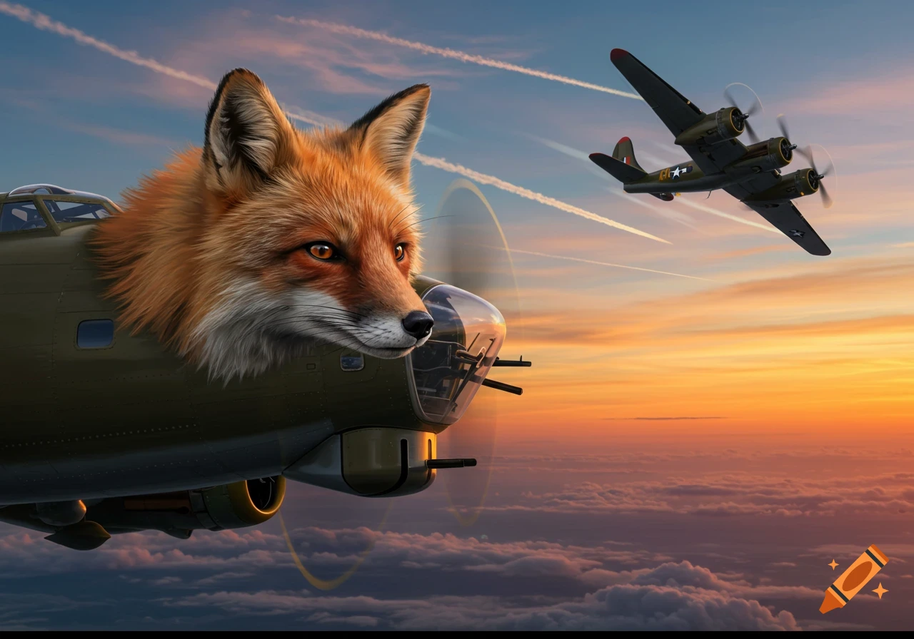 A photorealistic image of a fox's head on the front of a bomber plane ...