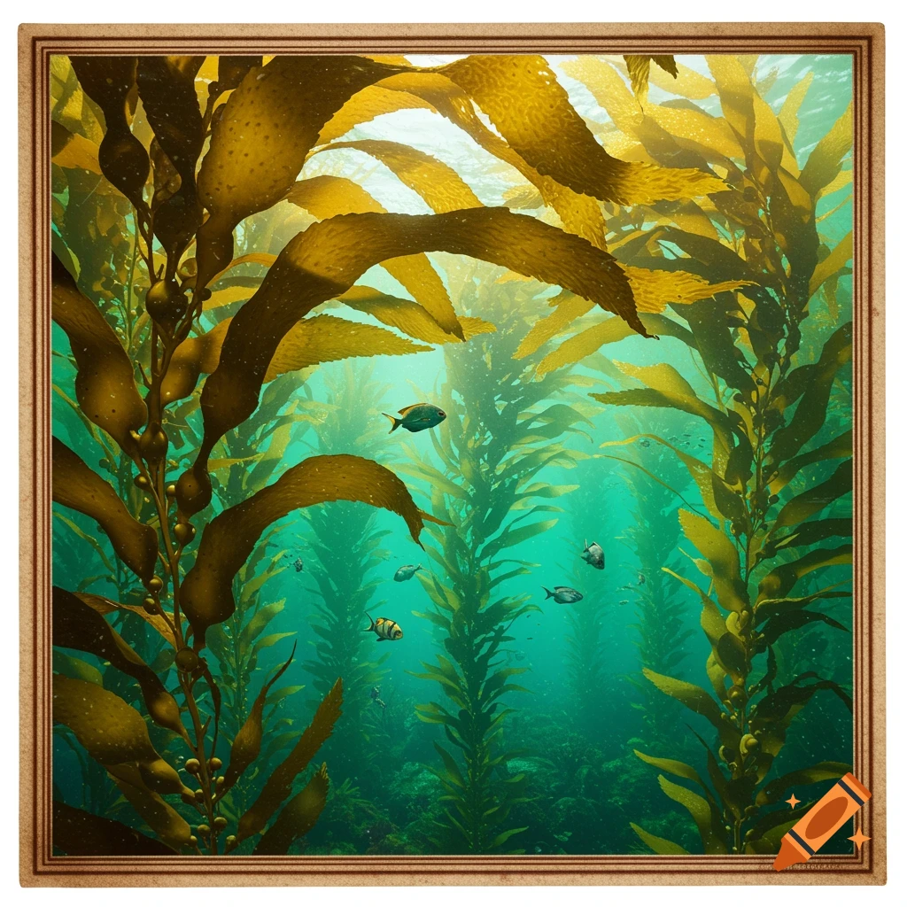 Sunlight filters through a vibrant, golden kelp forest underwater with ...