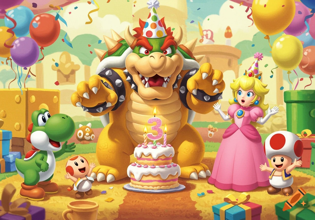 Bowser, Princess Peach, Yoshi, and Toad celebrate a birthday with a ...