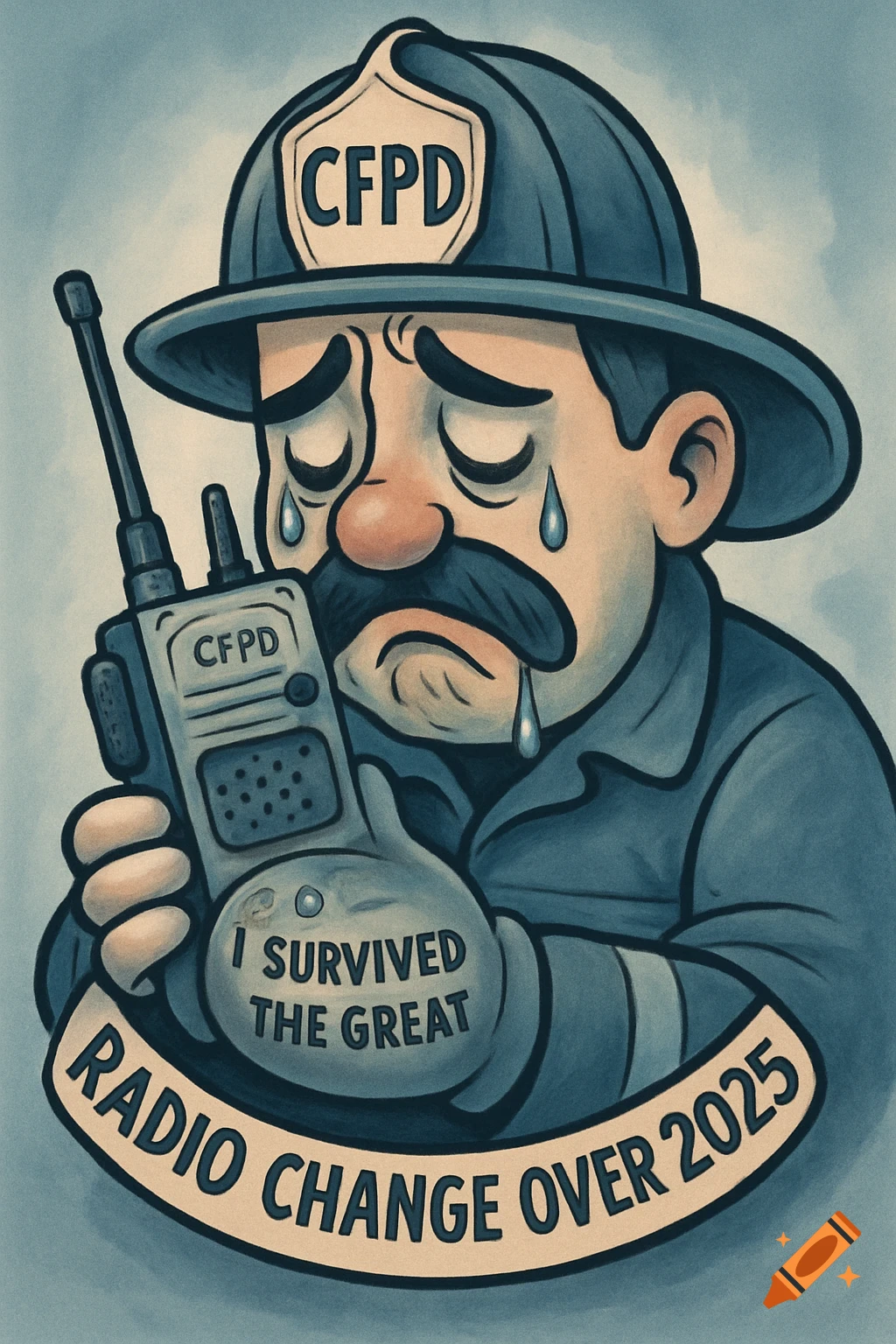 A cartoon firefighter with a mustache weeps over a vintage handheld ...