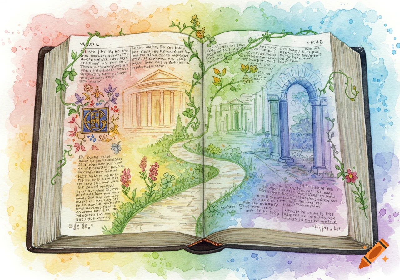 Watercolor painting of an open book with a path leading through ...
