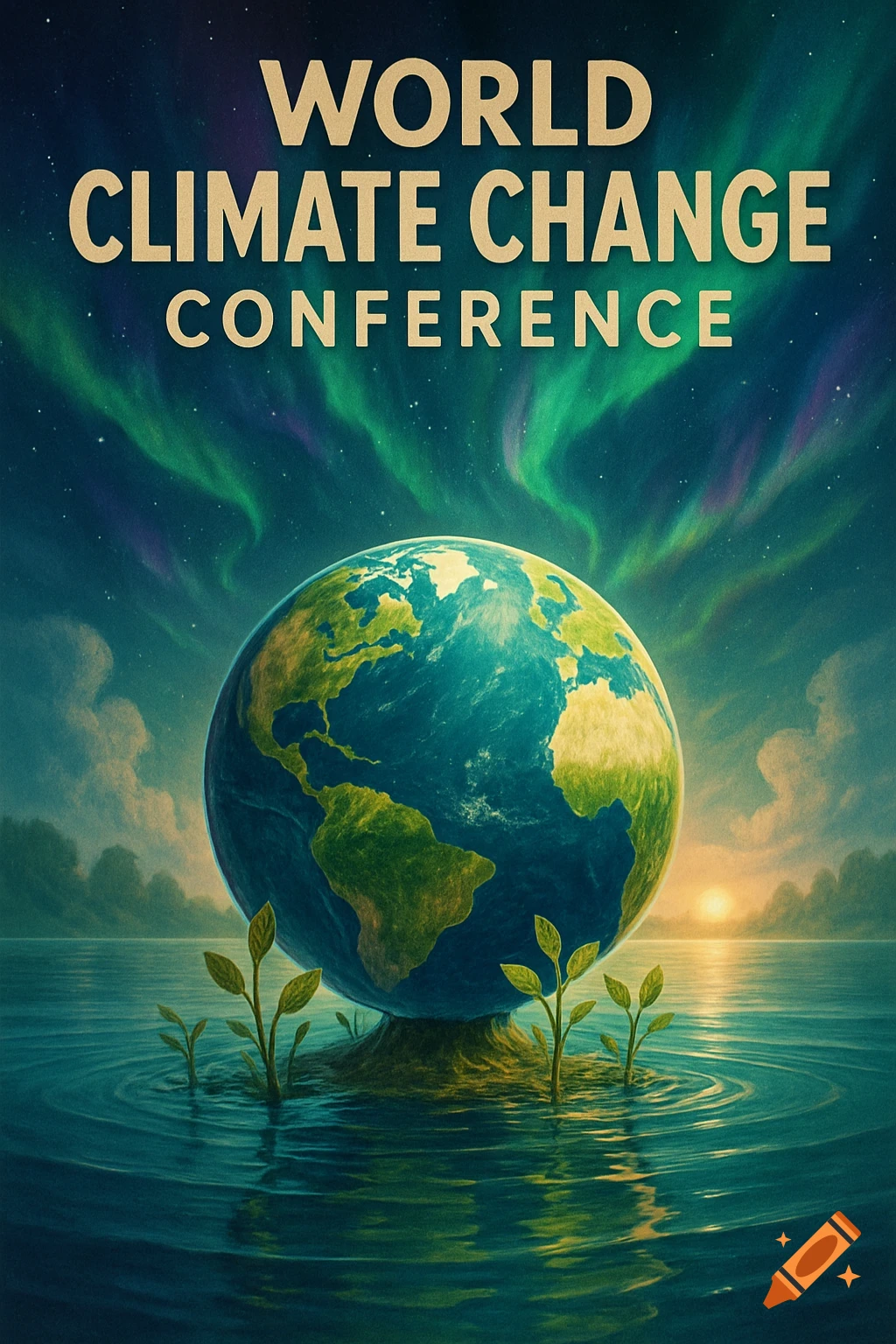 A poster depicts the Earth burning, a dry landscape with industrial ...