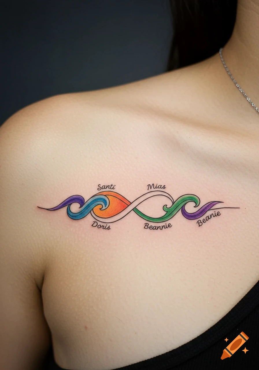 A colorful tattoo on a person's shoulder features an infinity symbol ...