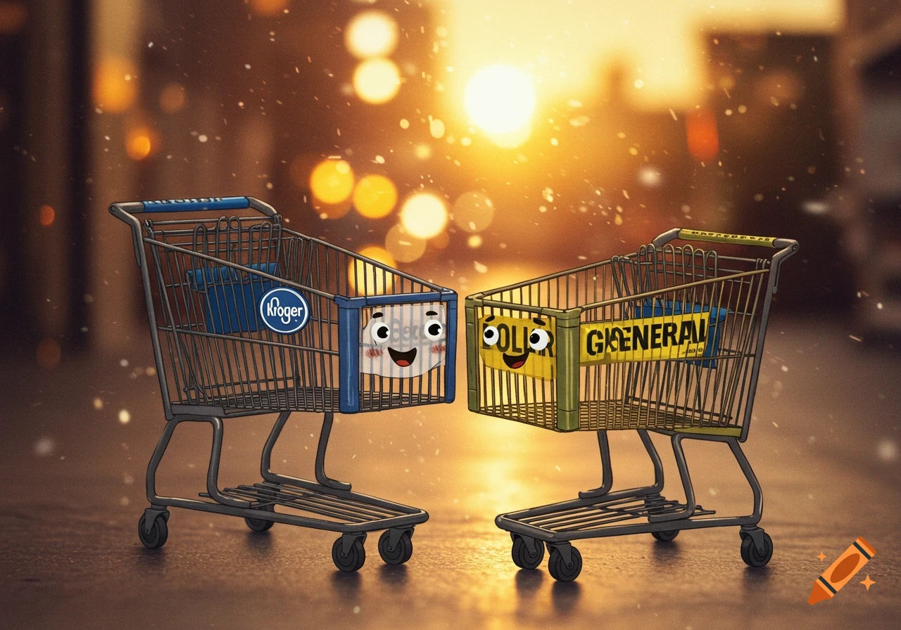 Two anthropomorphic shopping carts, one blue with a Kroger logo and one ...