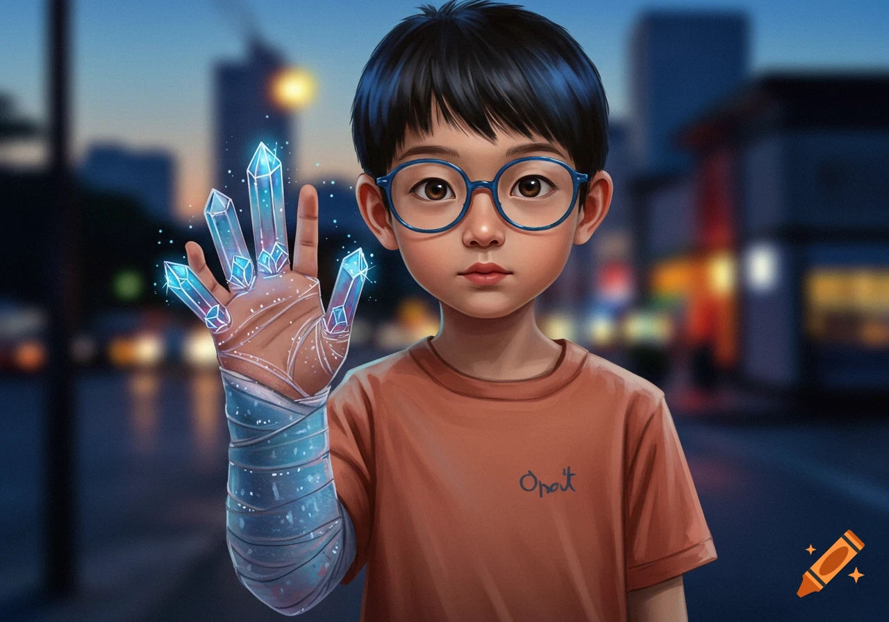 An illustration of a young Chinese boy with blue glasses and a cast on ...