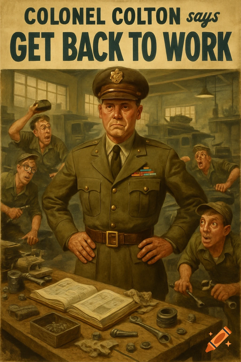 A 1940s-style poster shows a stern Colonel Colton in uniform overseeing ...