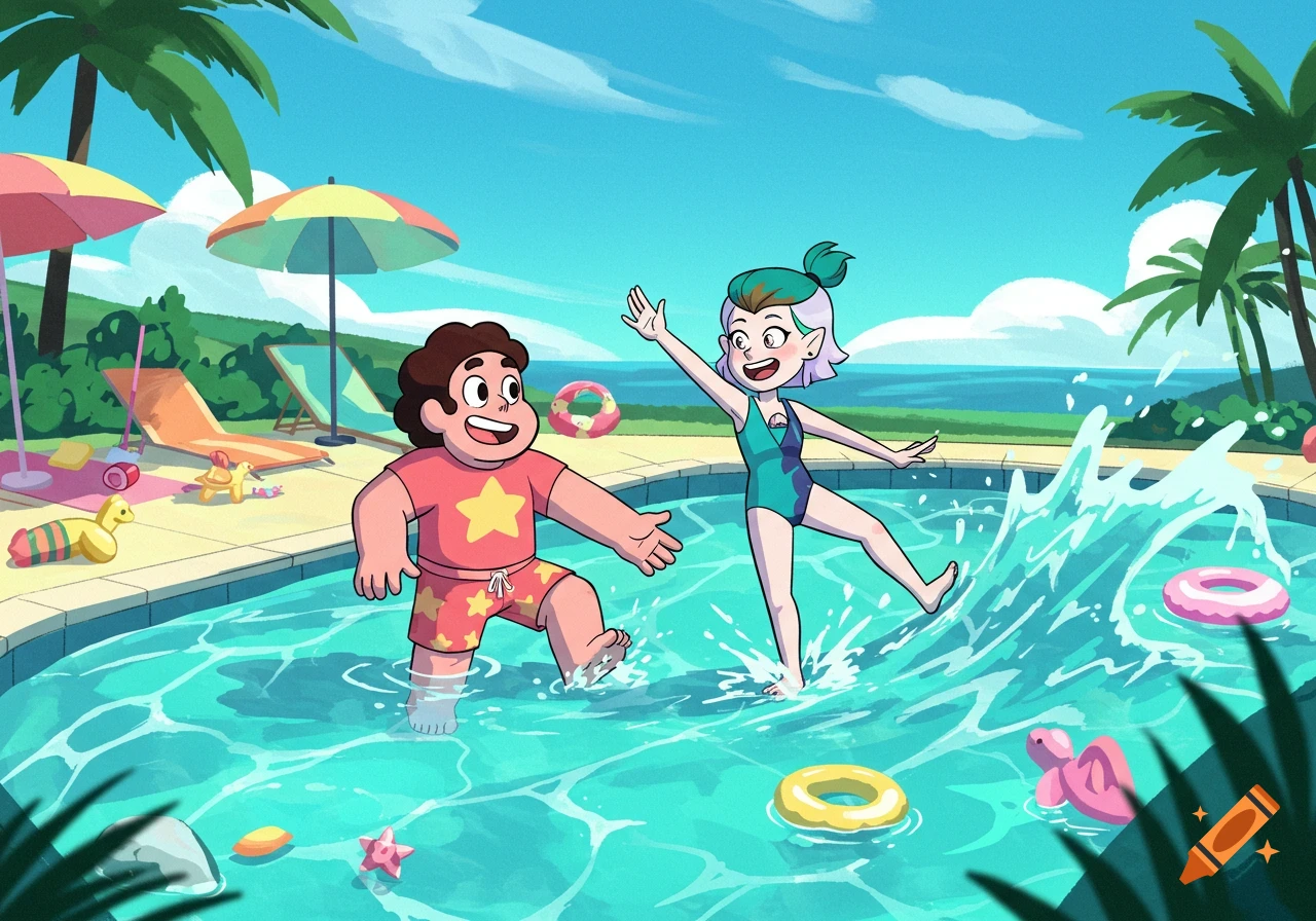 Cartoon characters Steven Universe and Leni Loud happily jump and ...
