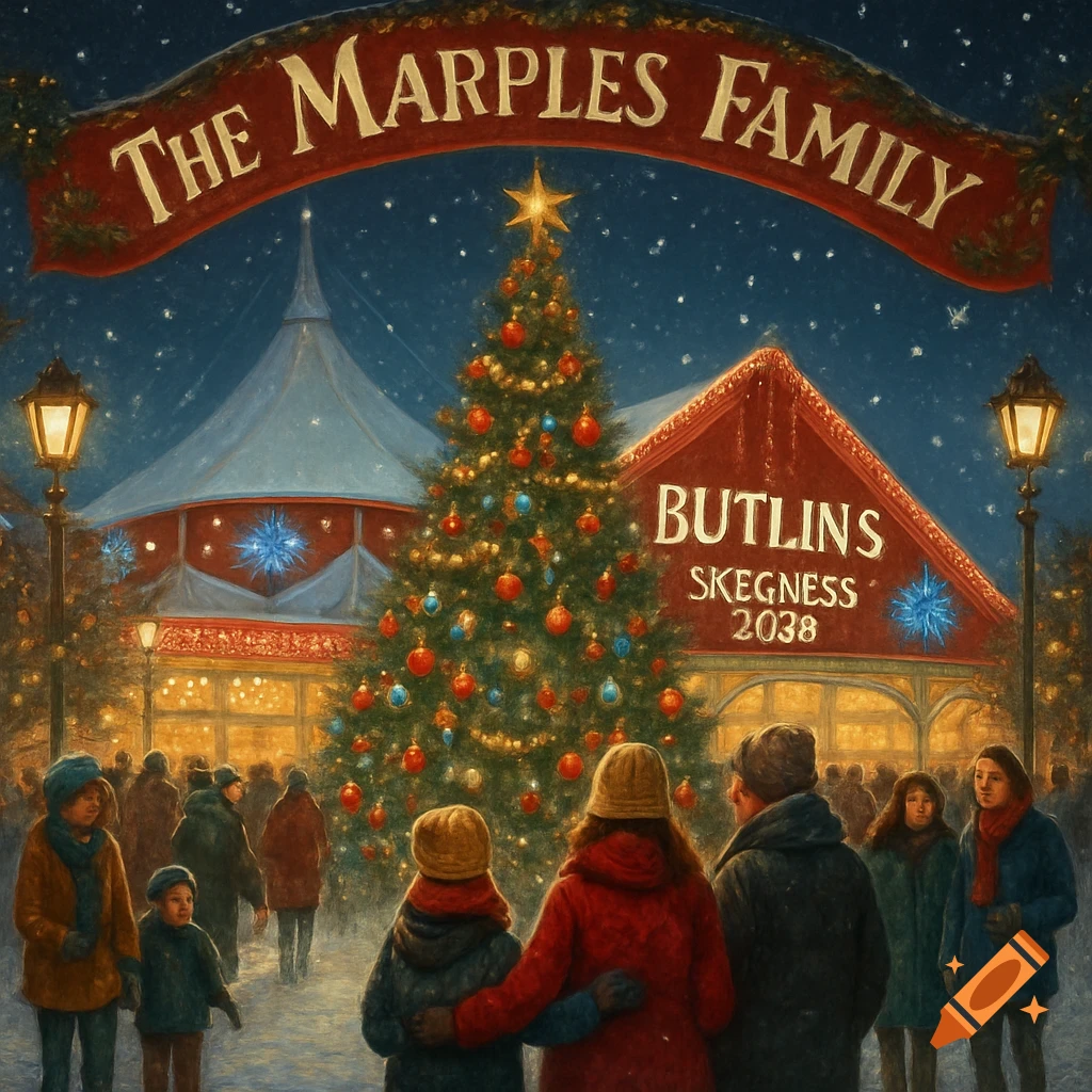 A painted scene of a Christmas market at night, with a large decorated ...