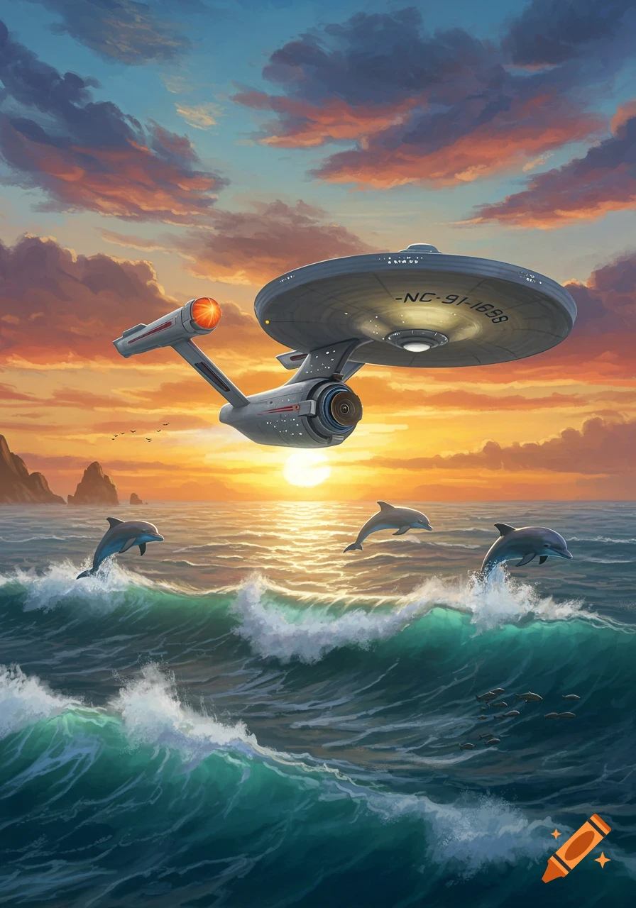 A USS Enterprise starship flies over a vibrant ocean at sunset, with ...