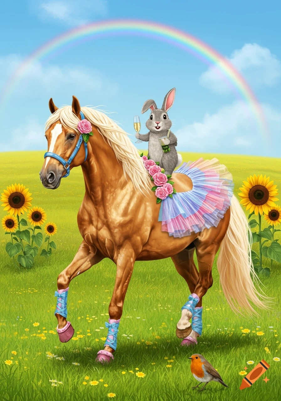 A cartoon palomino horse in a rainbow tutu and pink boots, with a ...
