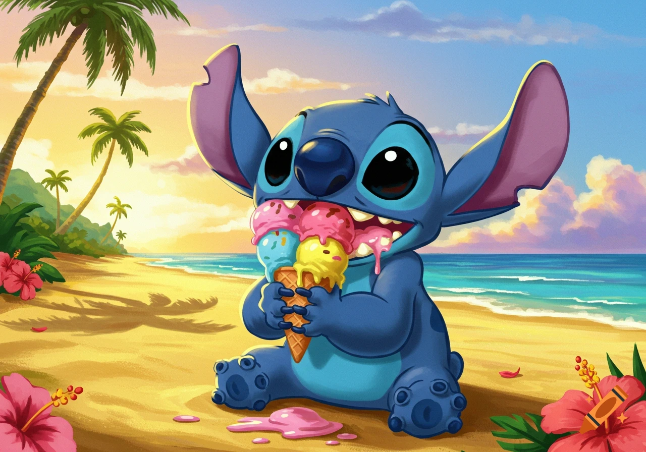 Stitch and a smiling girl on a sunny tropical beach with palm trees and ...
