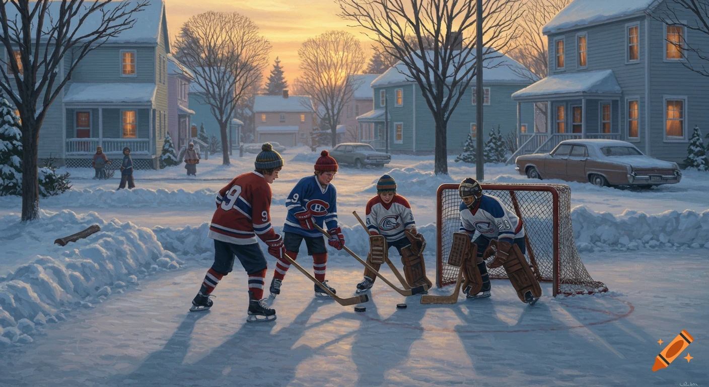 An oil painting depicts a snow-covered soccer field with players behind ...