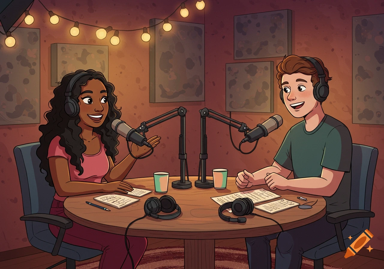Cartoon of a diverse man and woman hosting a podcast in a recording ...