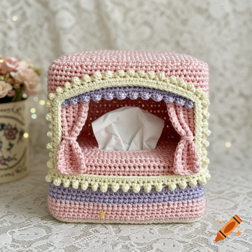 Pastel pink, yellow, and lavender crocheted tissue box cover resembling ...