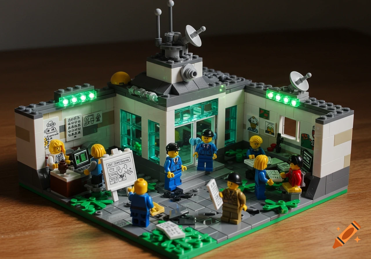 A detailed Lego set depicting a small office or control room with ...