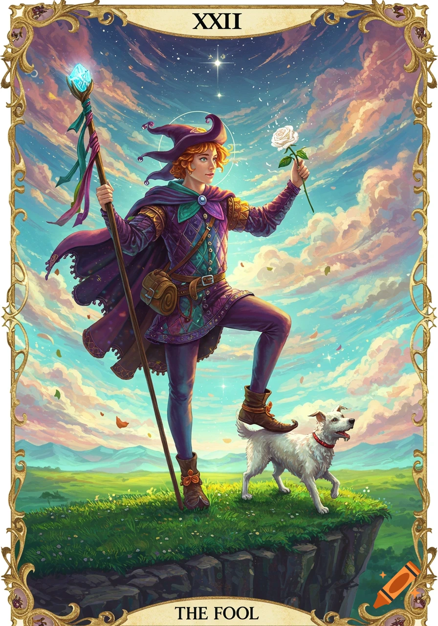 A vibrant Tarot card of The Fool, a young figure with a staff and white rose, standing on a ...