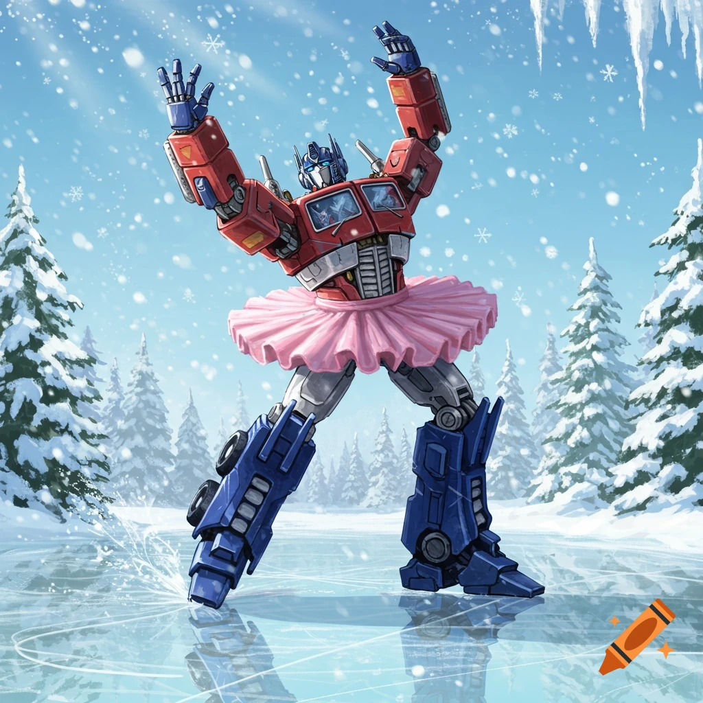 Optimus Prime ice skating in a pink tutu amidst a snowy forest. on Craiyon
