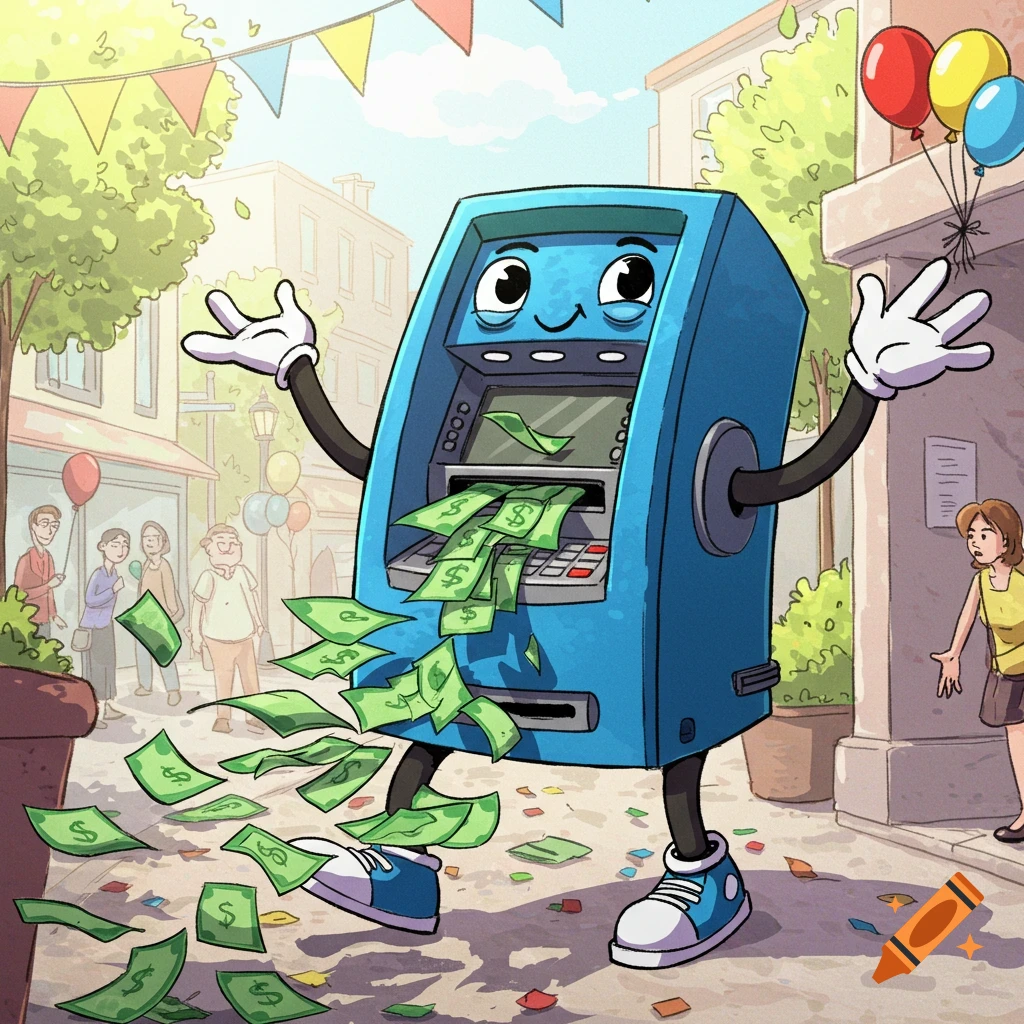A whimsical cartoon ATM character with arms and legs stands in a city ...