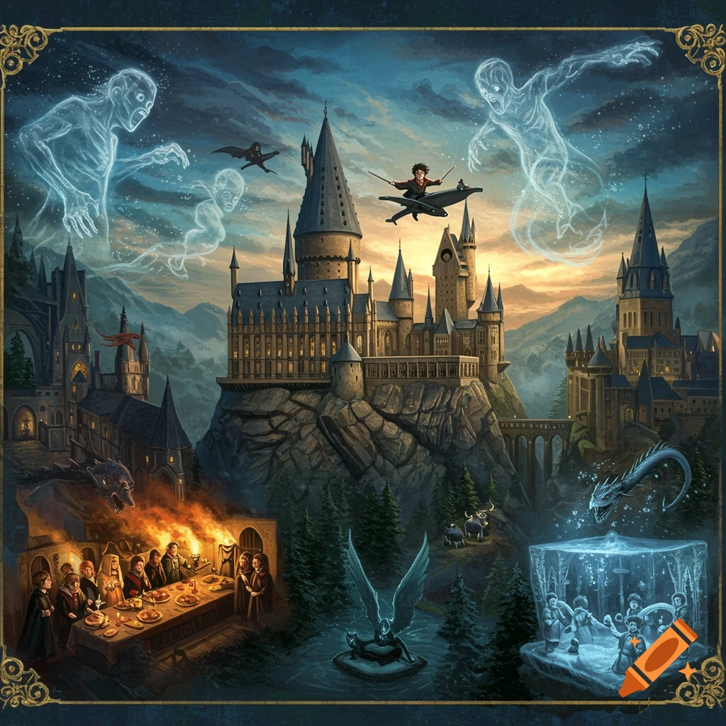 A detailed fantasy illustration of Hogwarts castle, featuring Harry ...