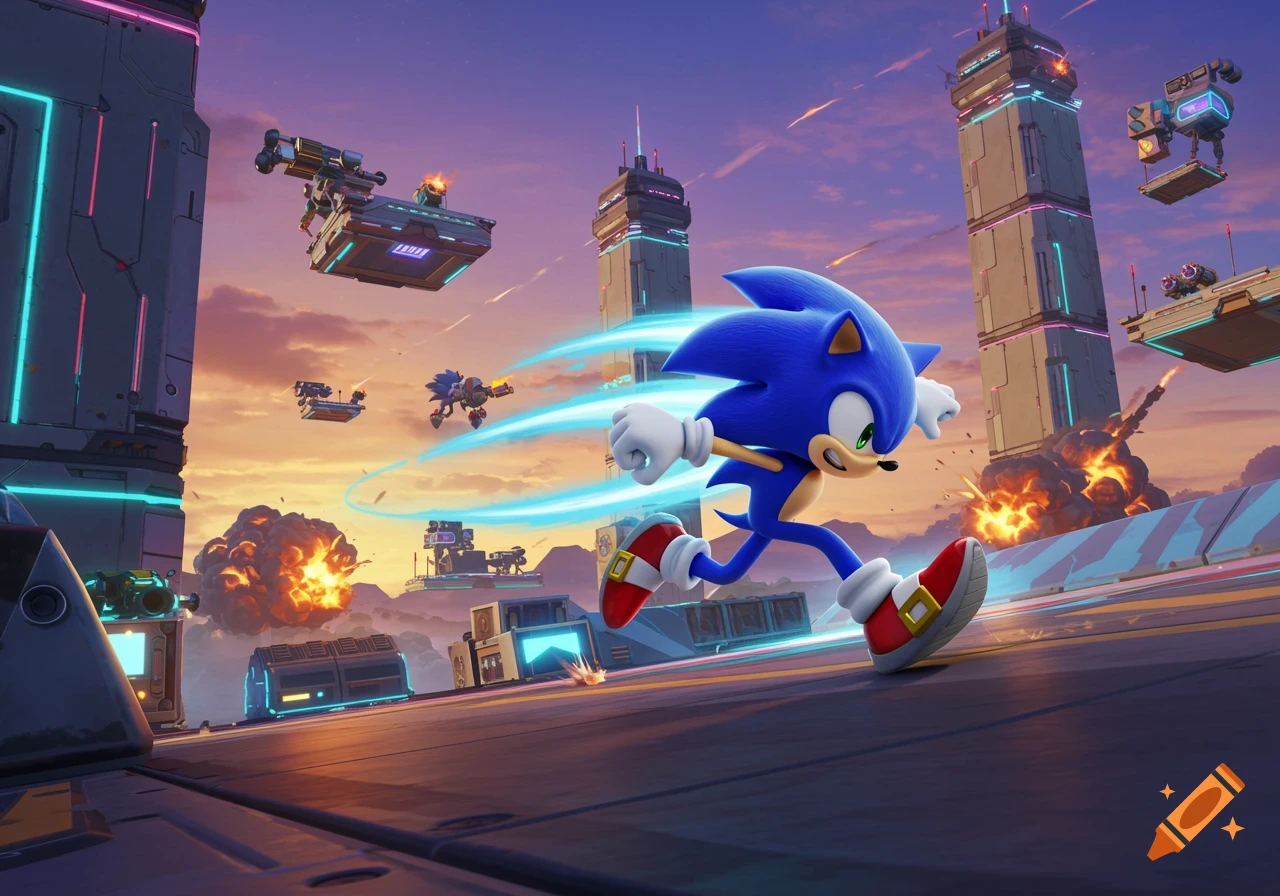 Sonic the Hedgehog dashes at high speed across a futuristic cityscape ...