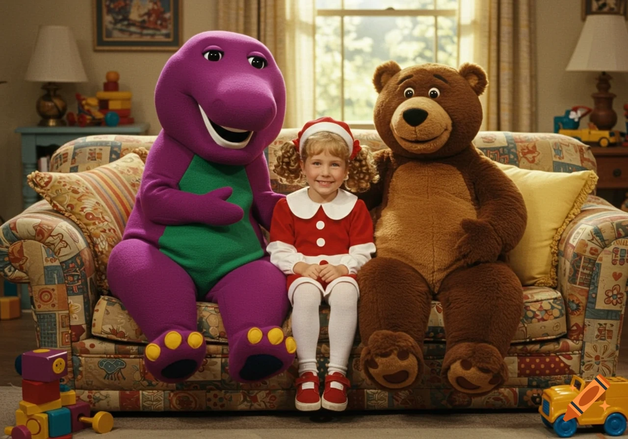 A photorealistic Barney the purple dinosaur sits inside a giant sushi ...