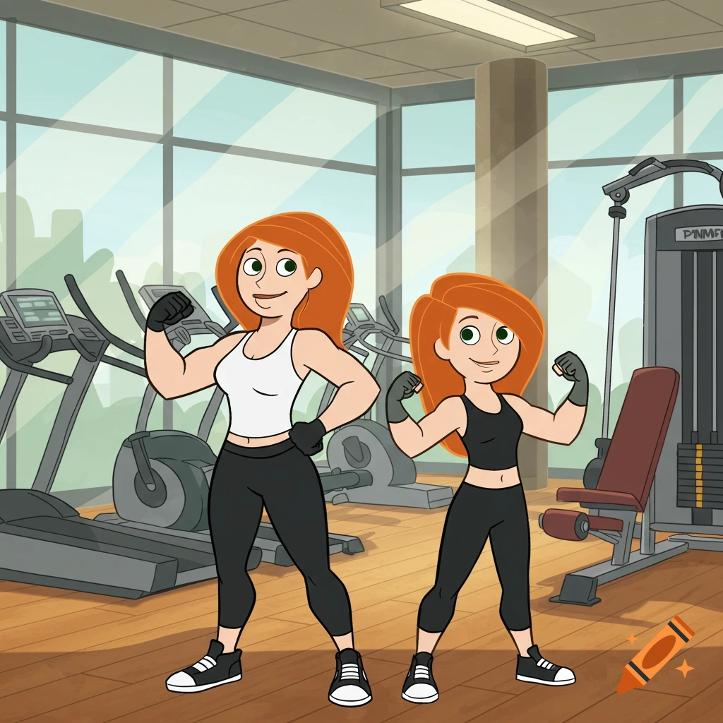 Kim Possible and her mom flex their muscles at a cartoon gym. on Craiyon