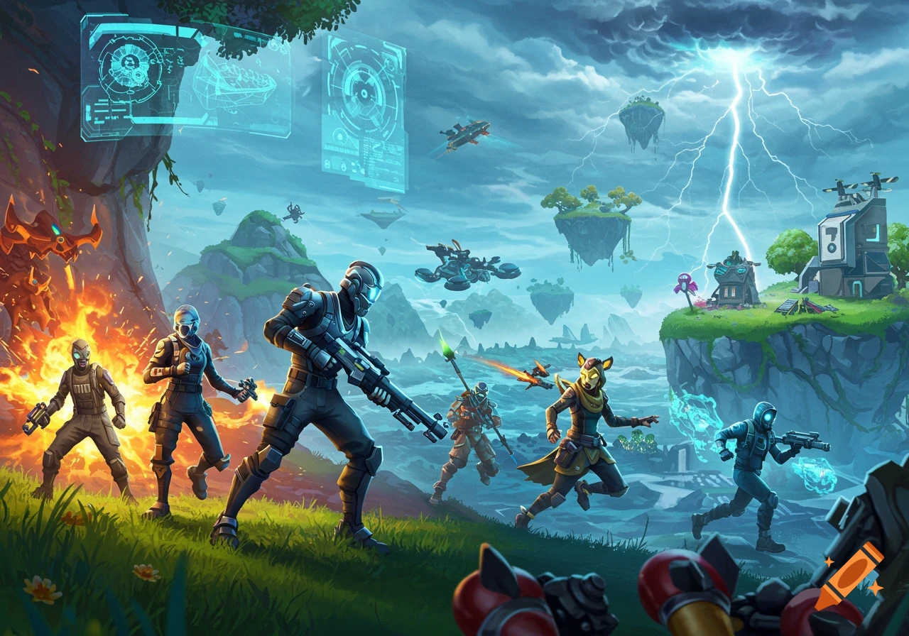 Fortnite-style battle scene with futuristic soldiers, floating islands ...