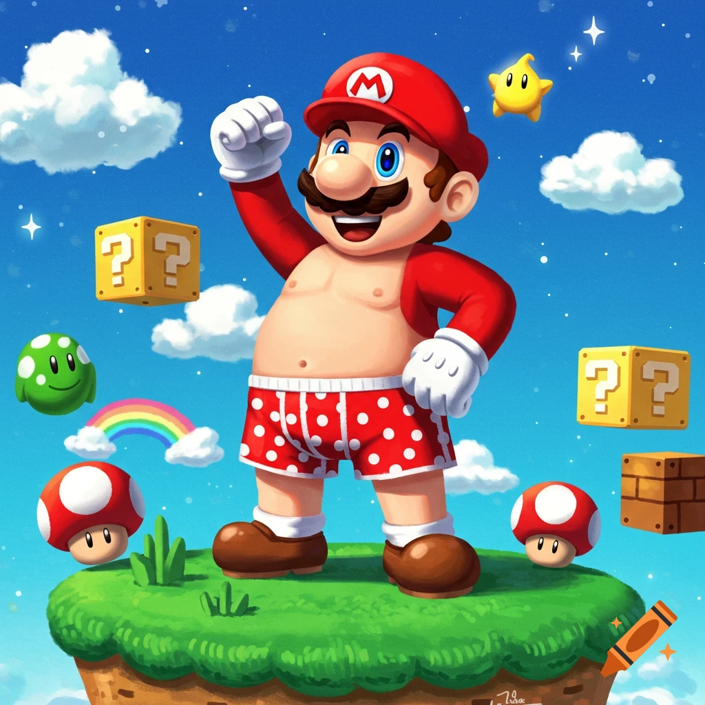 Cartoon Mario Hangs From a Green Train as It Speeds Through a Yellow ...