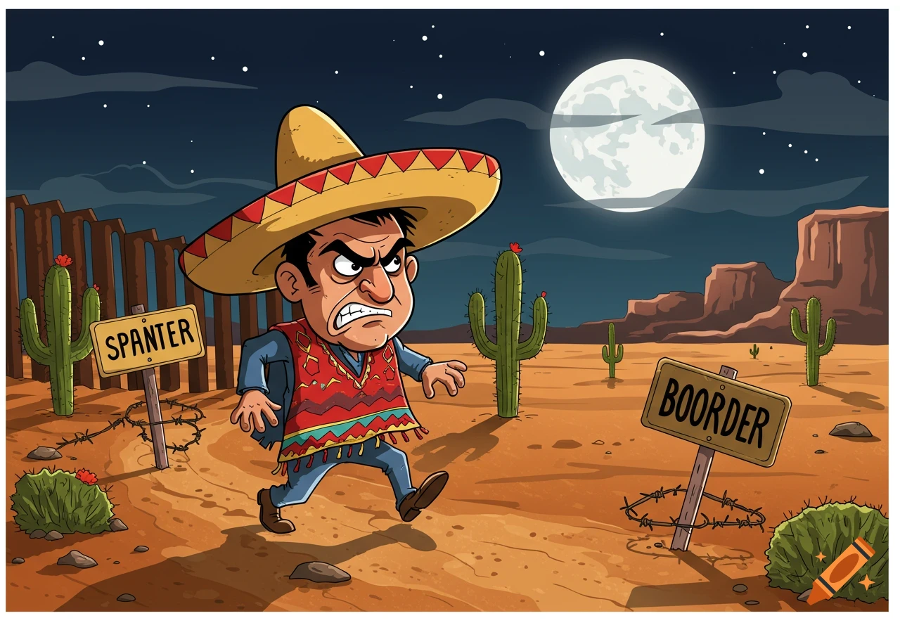 Angry cartoon man in a sombrero sneaking through a desert landscape ...