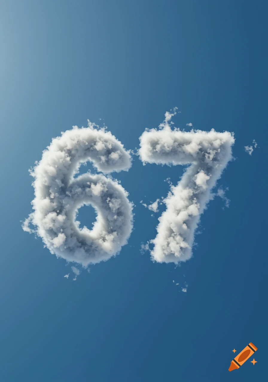 The numbers 67 formed by white clouds against a blue sky, rendered ...