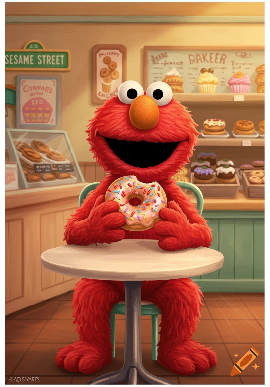 Elmo sits at a table in a bright bakery, happily holding a donut with ...