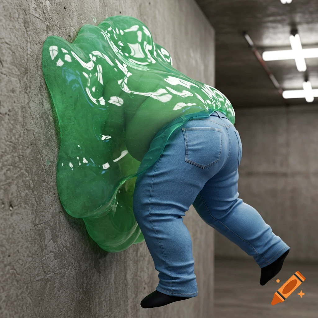 A large green blob of slime clings to a concrete wall, appearing to ...