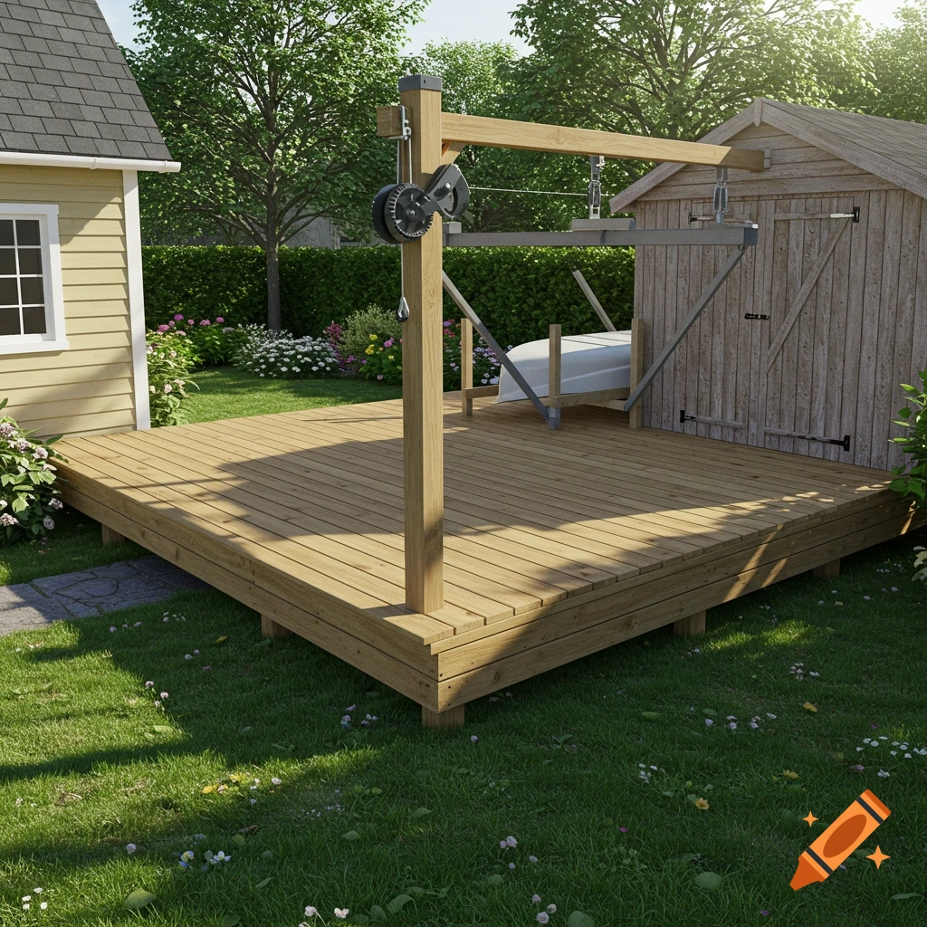 A photorealistic image of a wooden deck in a backyard with a house, a ...