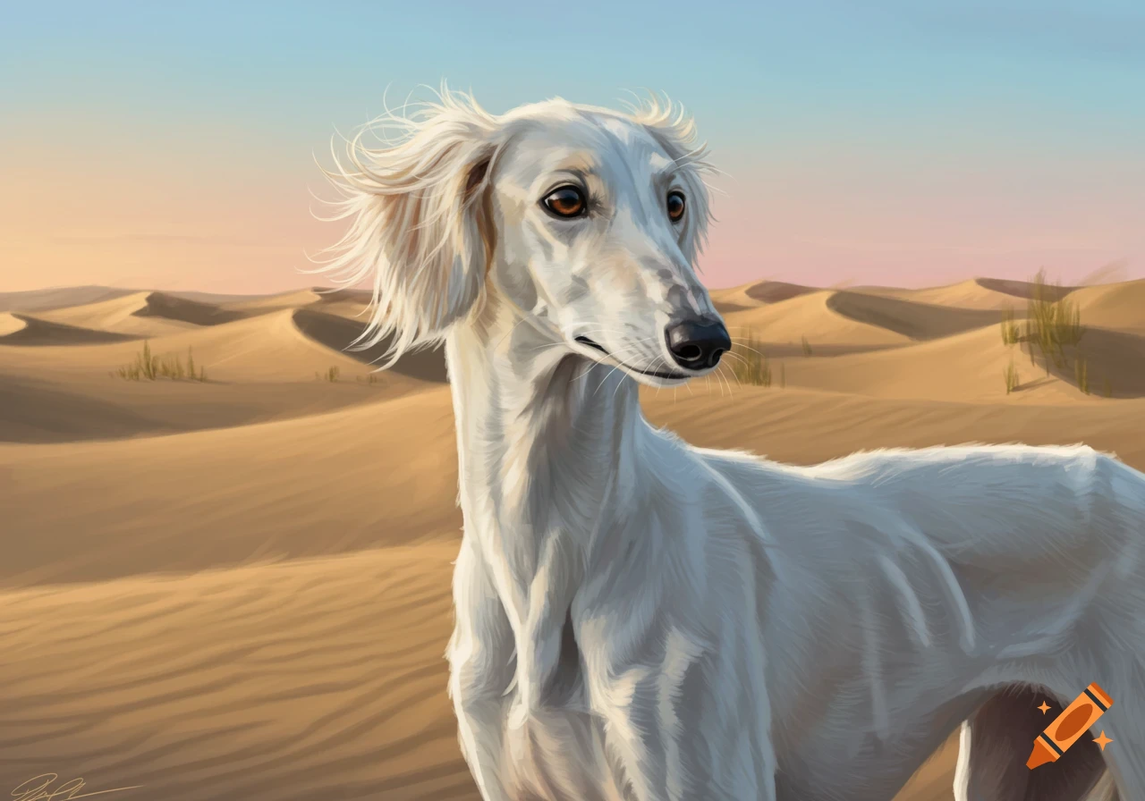 A digital painting of a white Saluki dog standing in a desert with sandy dunes and a light sky ...