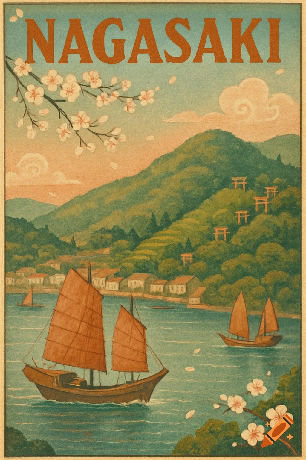 Vintage-style travel poster for Nagasaki, Japan, featuring traditional ...