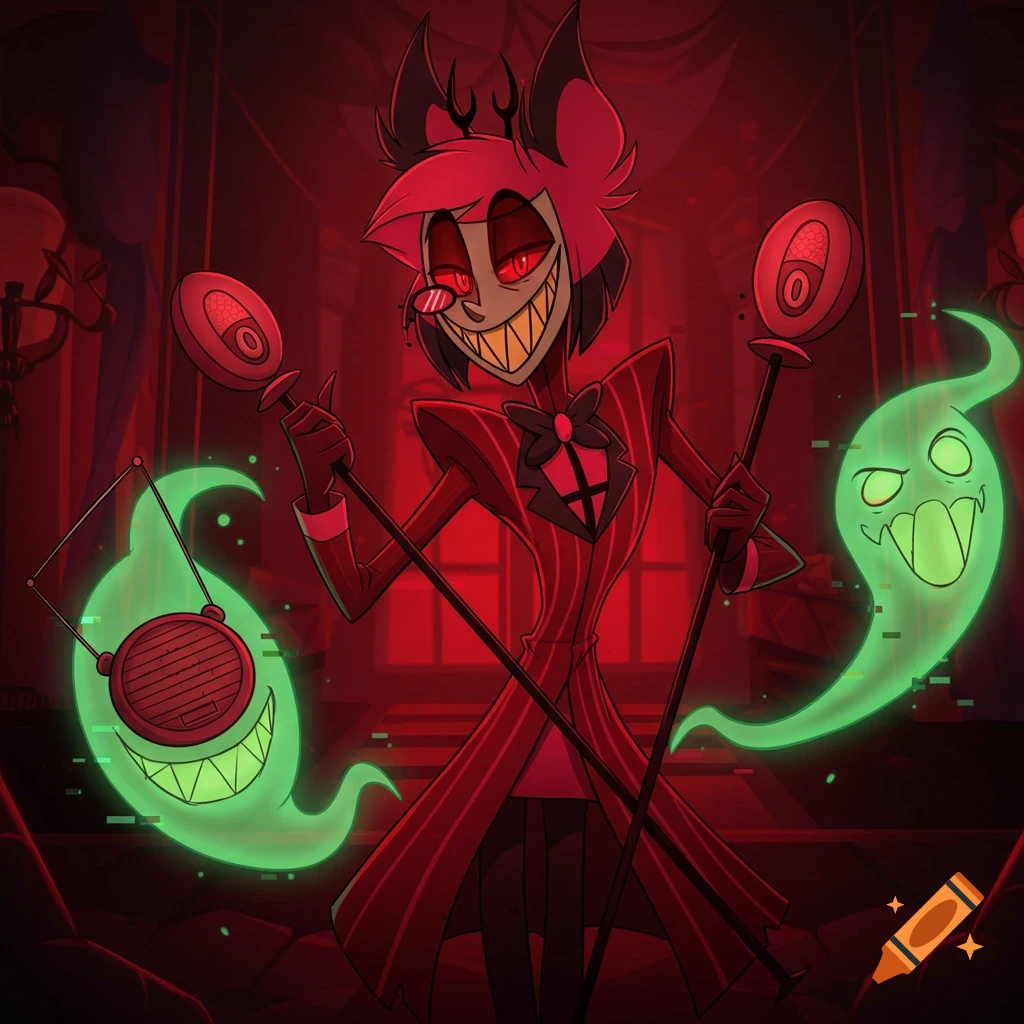 Alastor from Hazbin Hotel holding a bitten poptart and two red ...