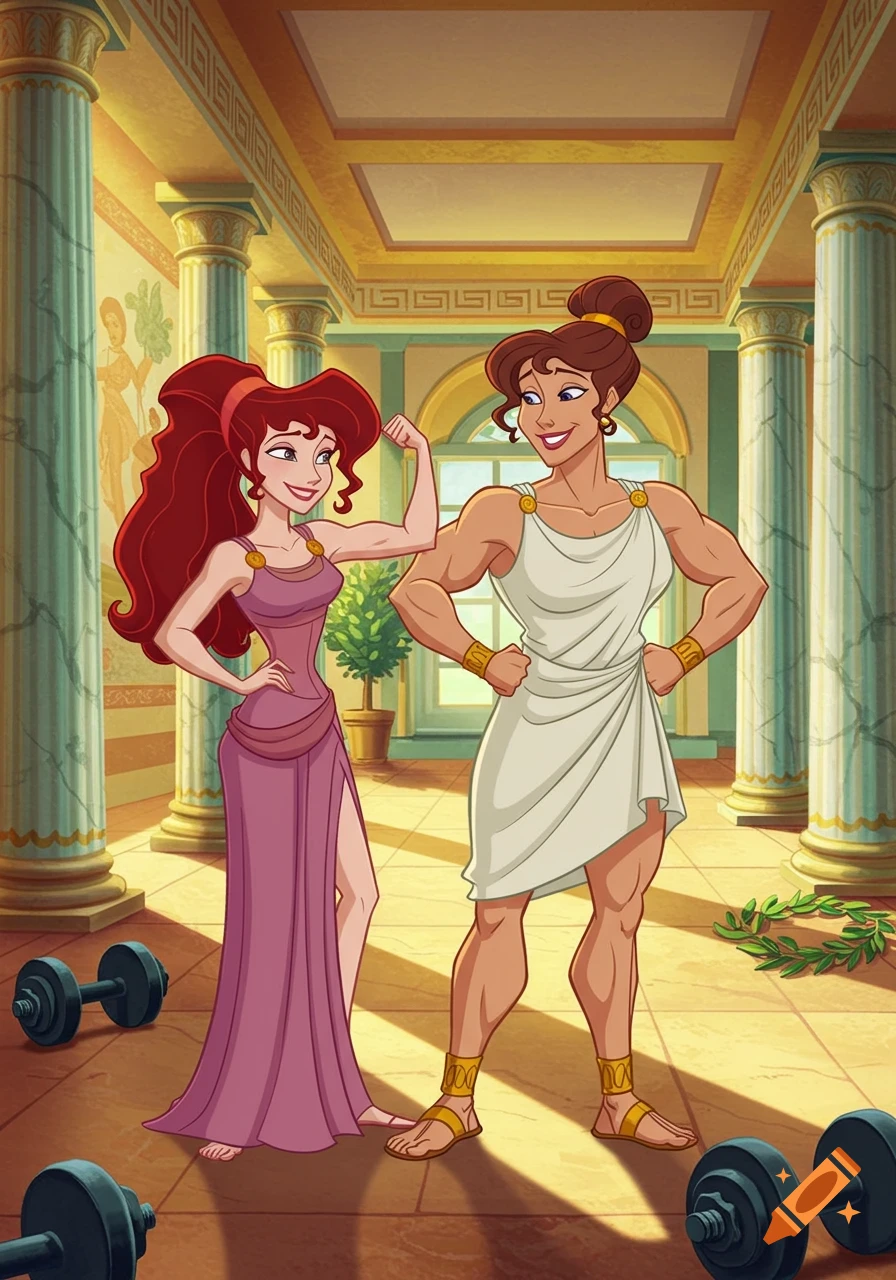 Megara and a muscular woman flex their biceps in a Disney-style ancient ...