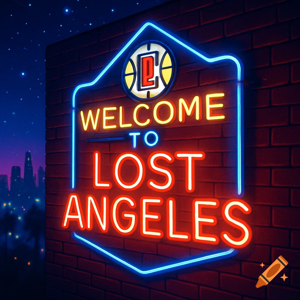 A bright neon sign on a brick wall at night reads 'WELCOME TO LOST ...